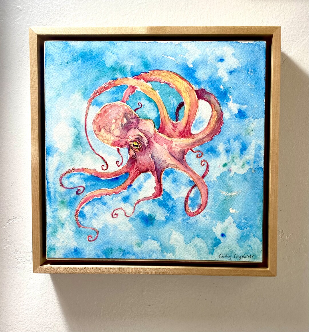 SOLD Octopus Watercolor Original in Maple Floating Frame 8x8 Inch - Etsy