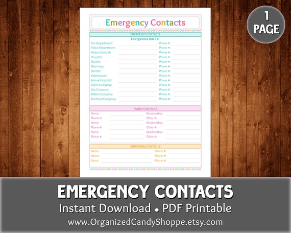 Emergency Contacts 1 Page Instant Download PDF Printable - Etsy