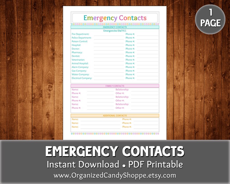 Emergency Contacts 1 Page Instant Download PDF Printable - Etsy