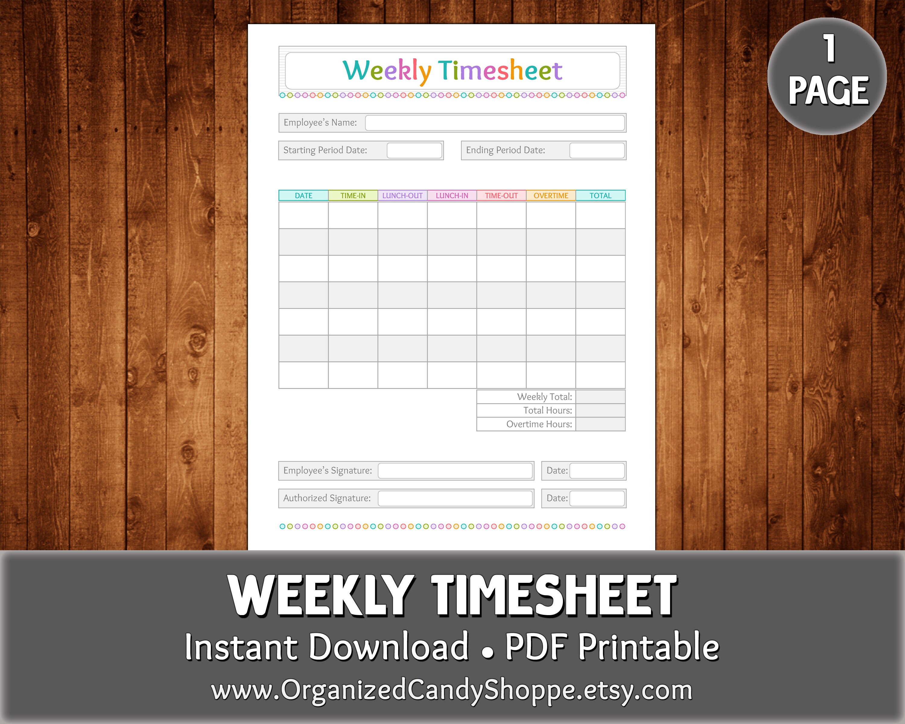 Weekly Timesheet • 1 Page • Instant Download PDF Printable - Etsy