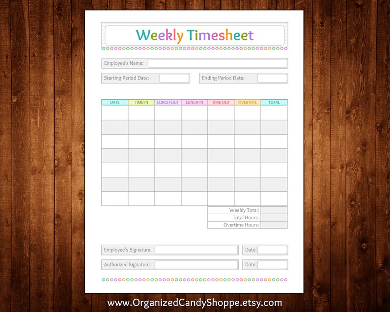 Weekly Timesheet • 1 Page • Instant Download PDF Printable - Etsy