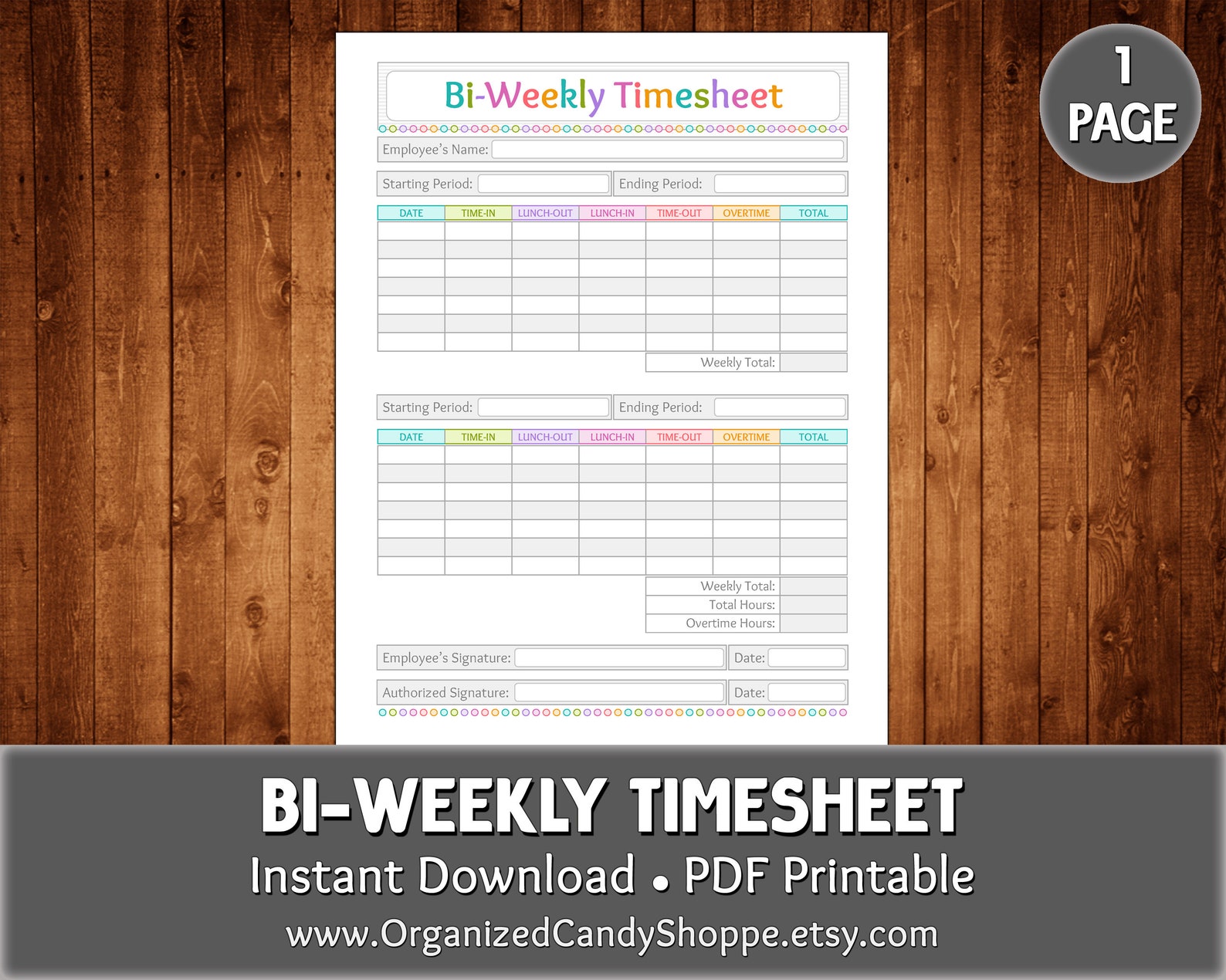 Bi-weekly Timesheet • 1 Page • PDF • Instant Download • Printable - Etsy