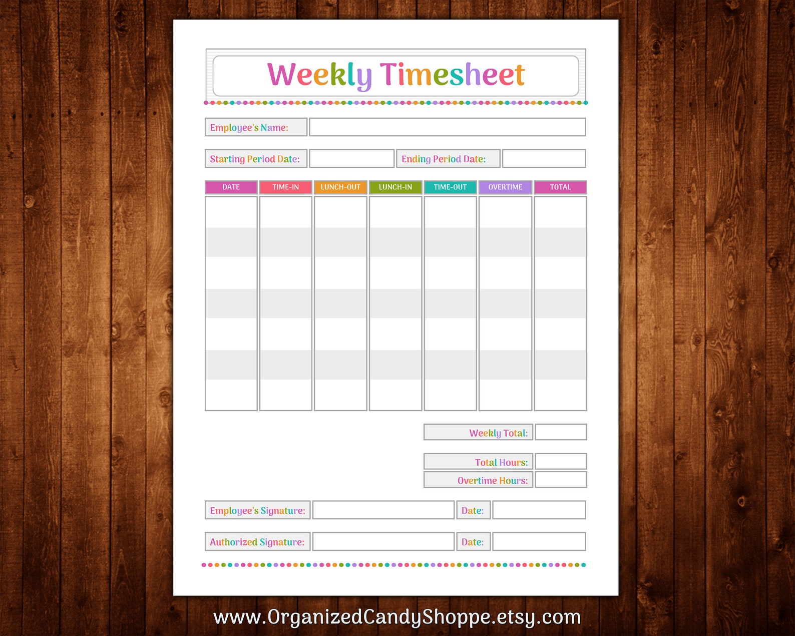 Weekly Timesheet 1 Page Instant Download PDF Printable | Etsy