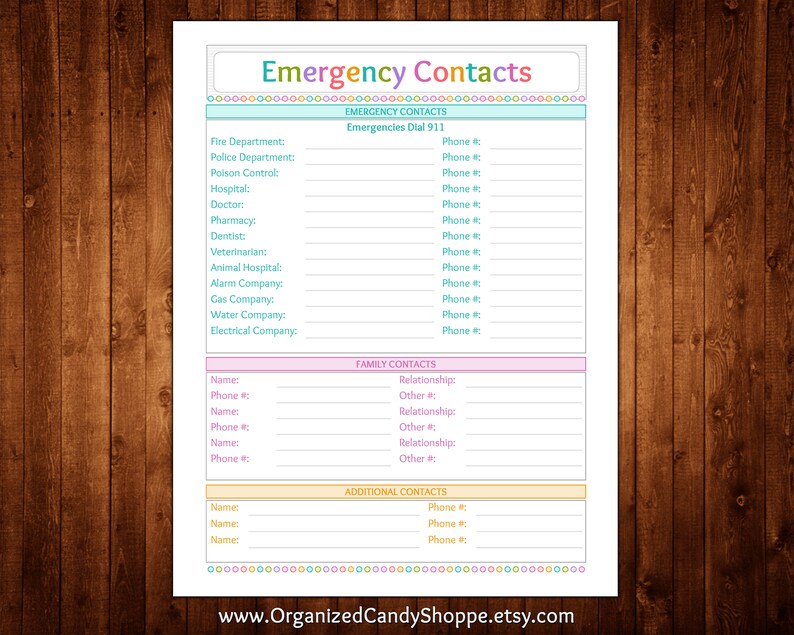 Emergency Contacts • 1 Page • Instant Download PDF Printable - Etsy