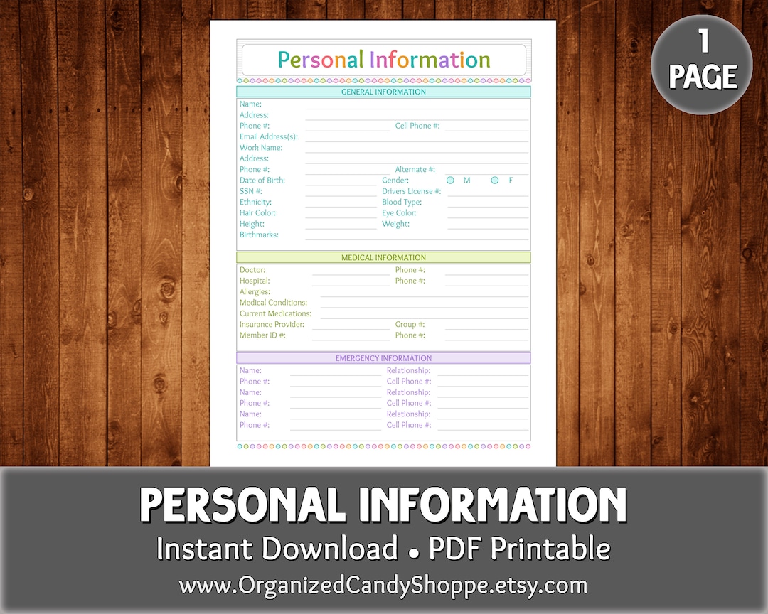 Personal Information • 1 Page • Instant Download PDF Printable - Etsy