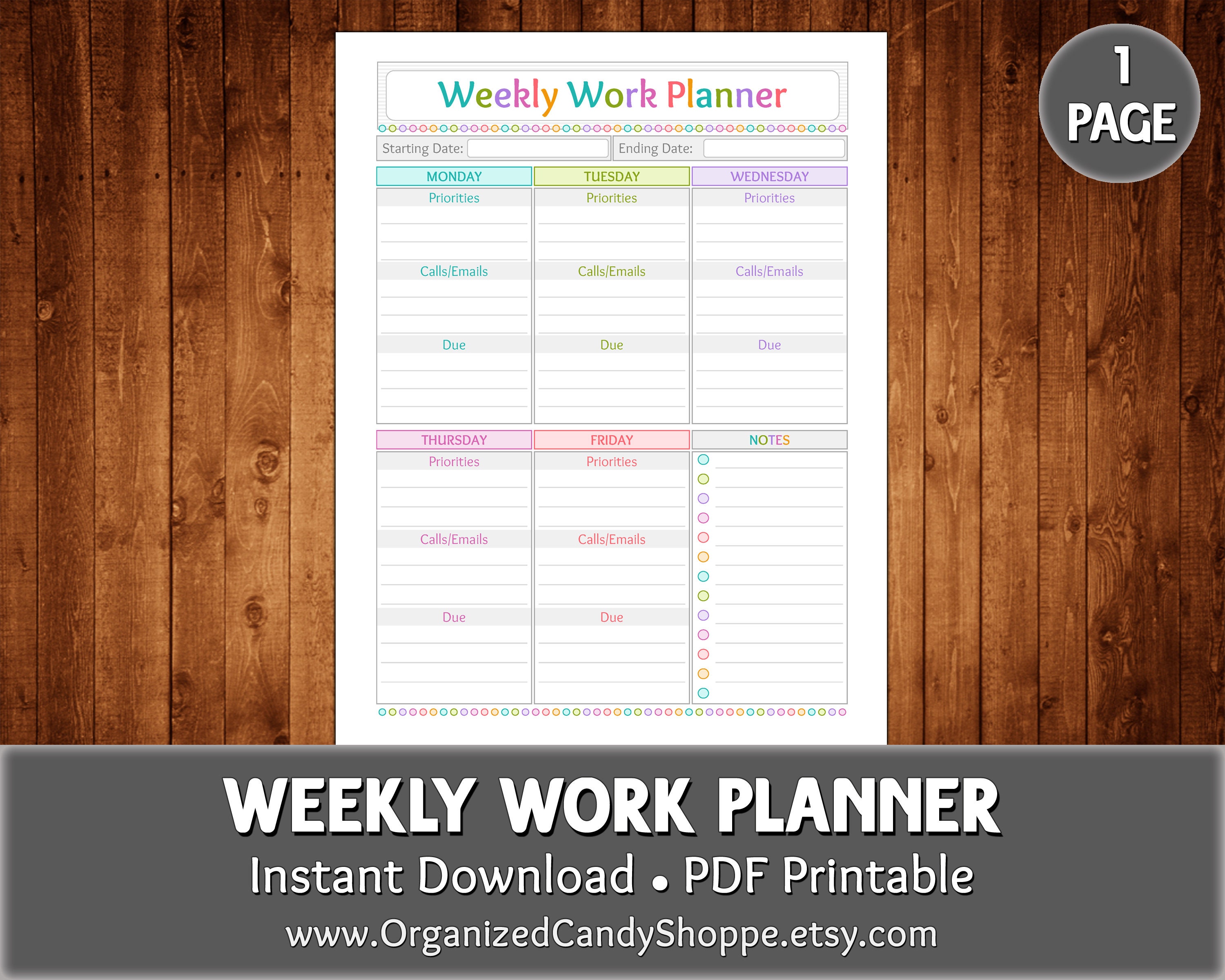 Weekly Work Planner • 1 Page • Instant Download PDF Printable - Etsy