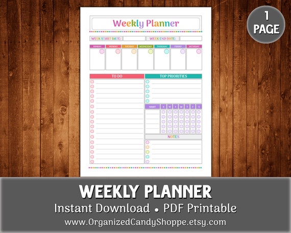 Weekly Planner 1 Page Instant Download PDF Printable | Etsy