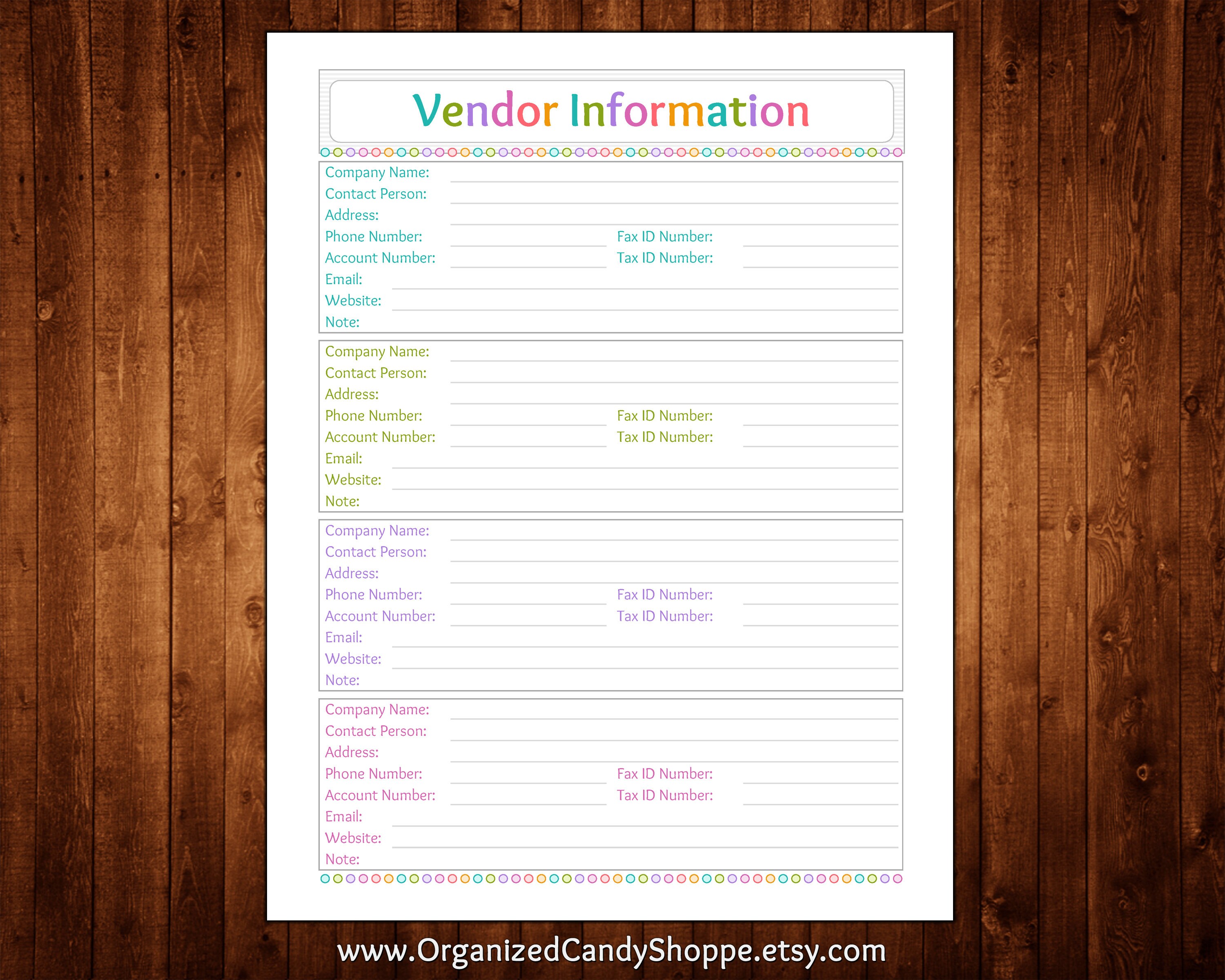Vendor Information • 1 Page • Instant Download PDF Printable - Etsy
