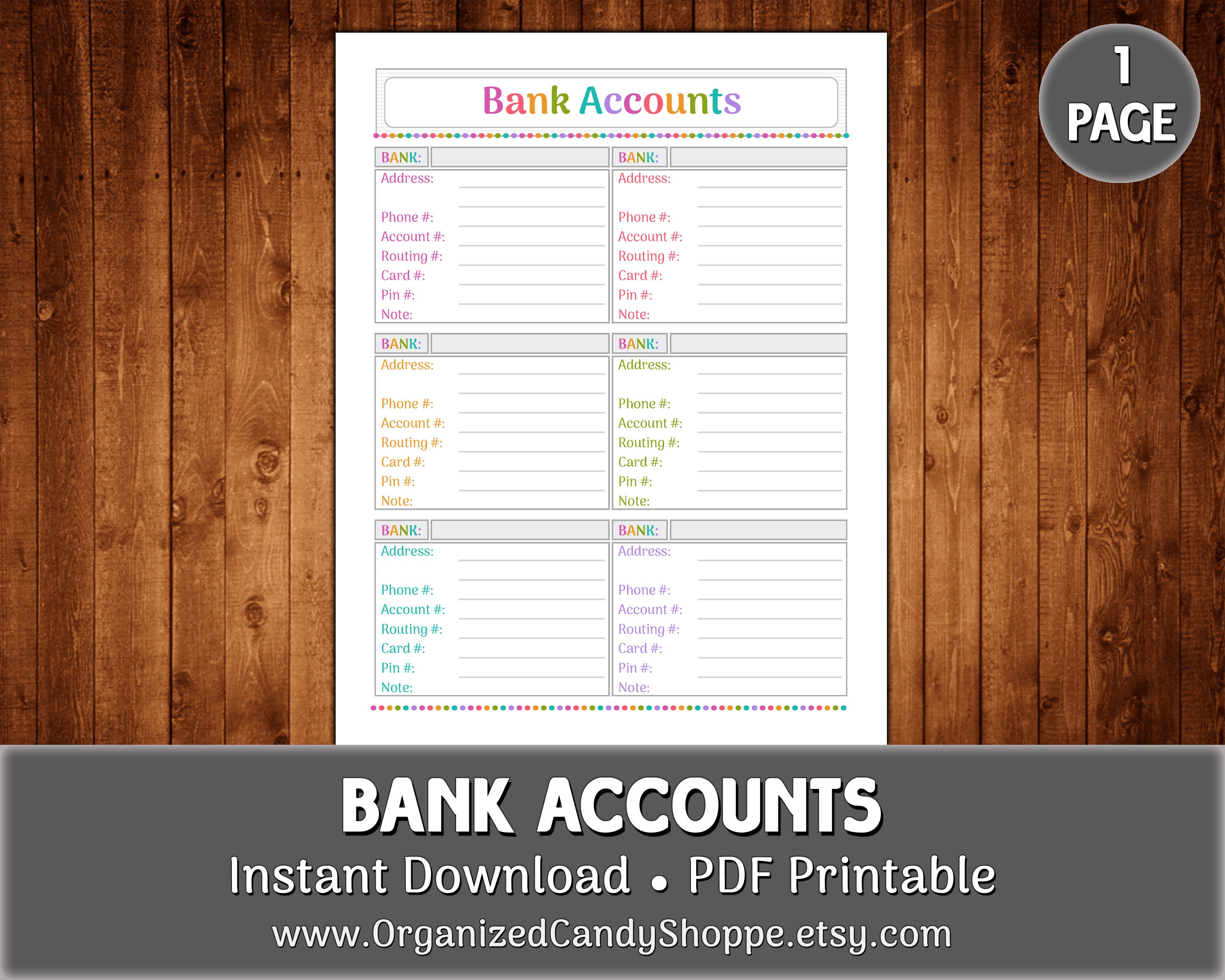 Bank Accounts 1 Page Instant Download PDF Printable | Etsy