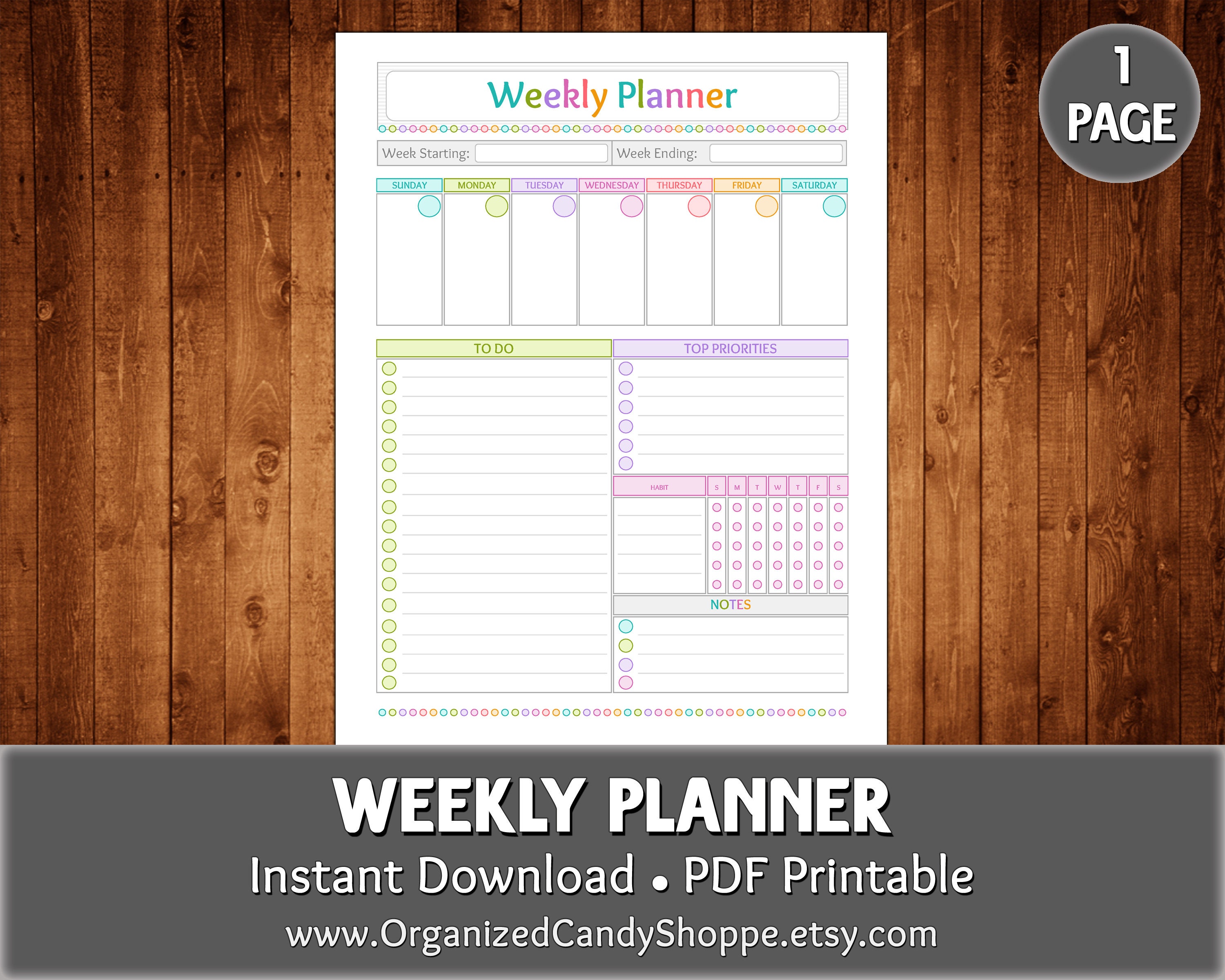 Weekly Planner 1 Page Instant Download PDF Printable - Etsy