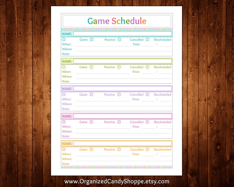 Game Schedule • 1 Page • Instant Download PDF Printable - Etsy