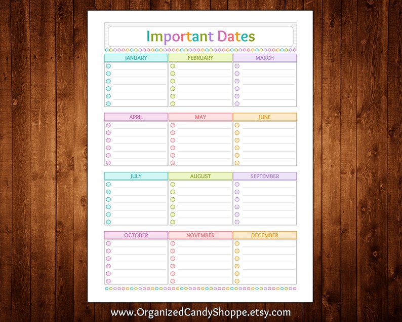Important Dates • 1 Page • Instant Download PDF Printable - Etsy