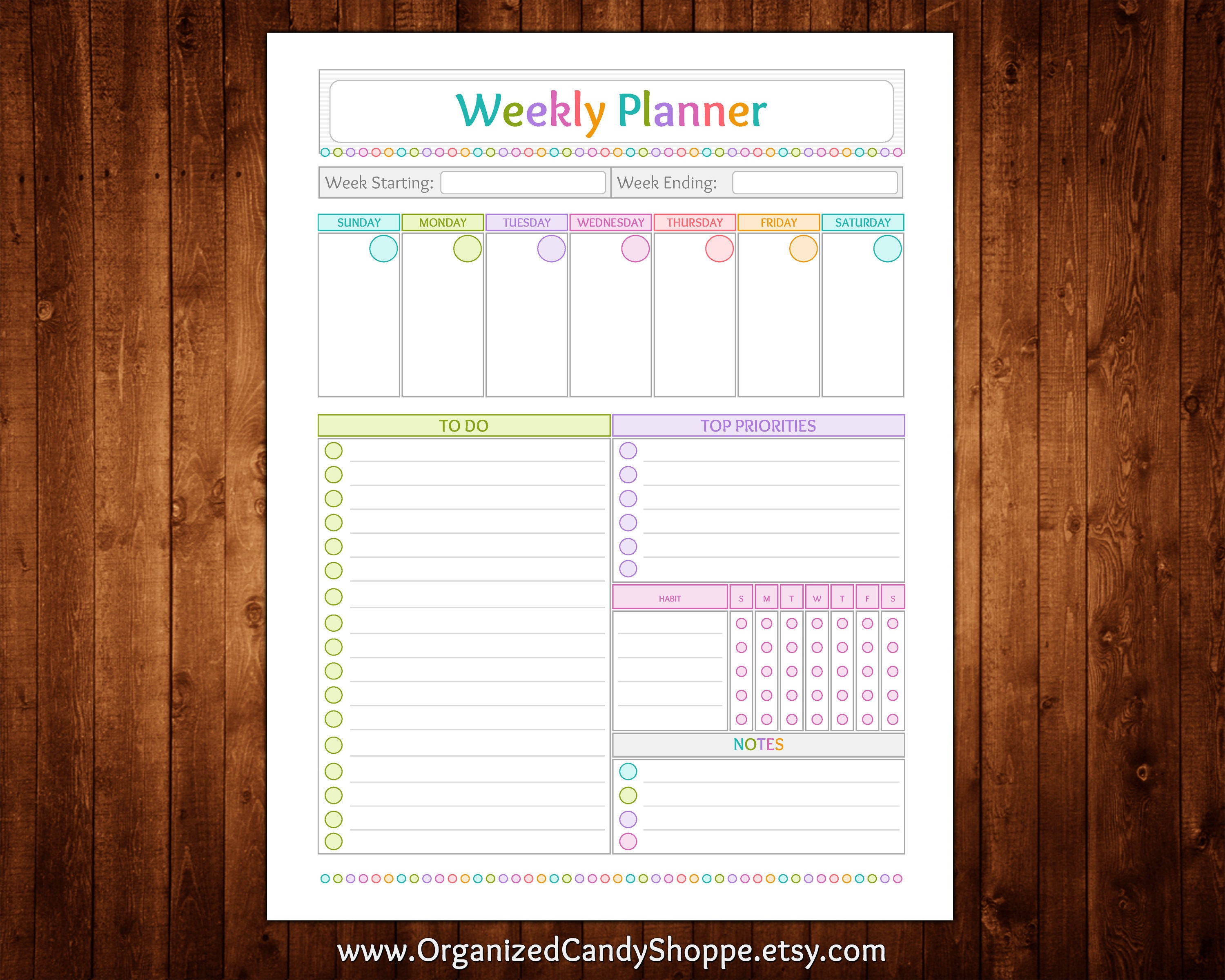 Weekly Planner • 1 Page • Instant Download PDF Printable - Etsy