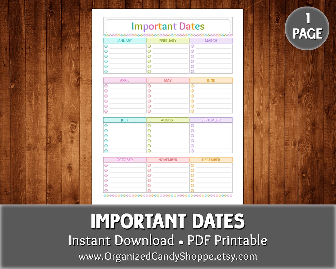 Important Dates • 1 Page • Instant Download PDF Printable - Etsy
