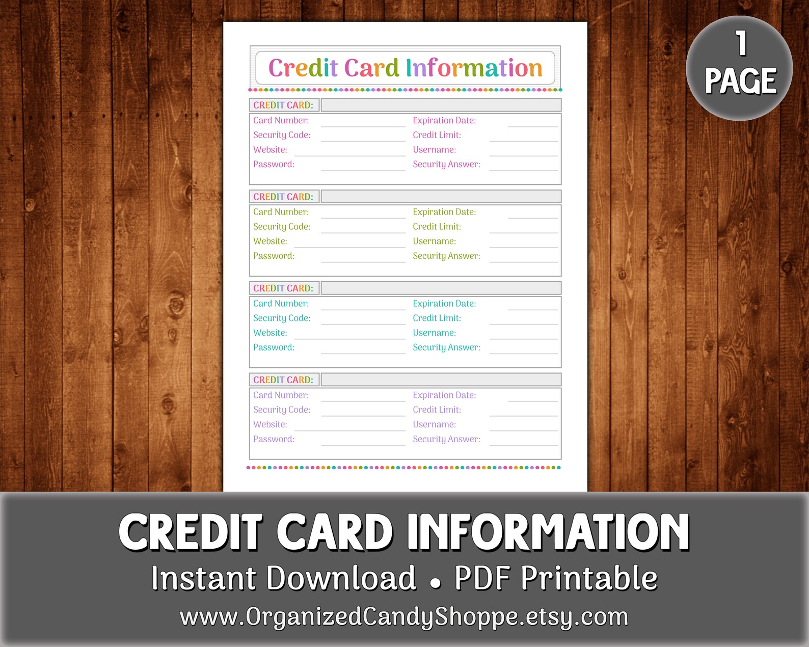 Credit Card Information Instant Download PDF Printable | Etsy