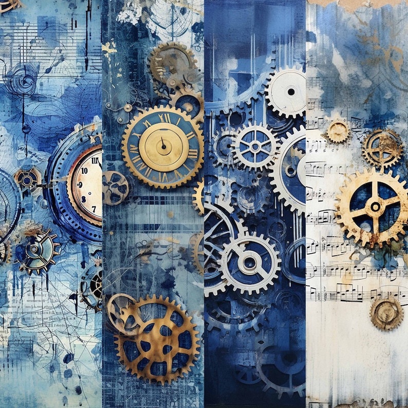 4 Junk Journal Pages Vintage Gears and Clocks, Musical Notes, Steampunk ...