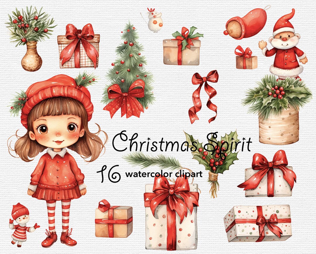 Christmas Clipart, Holiday Spirit Clipart, Elf, Gifts, Bow, Tree ...