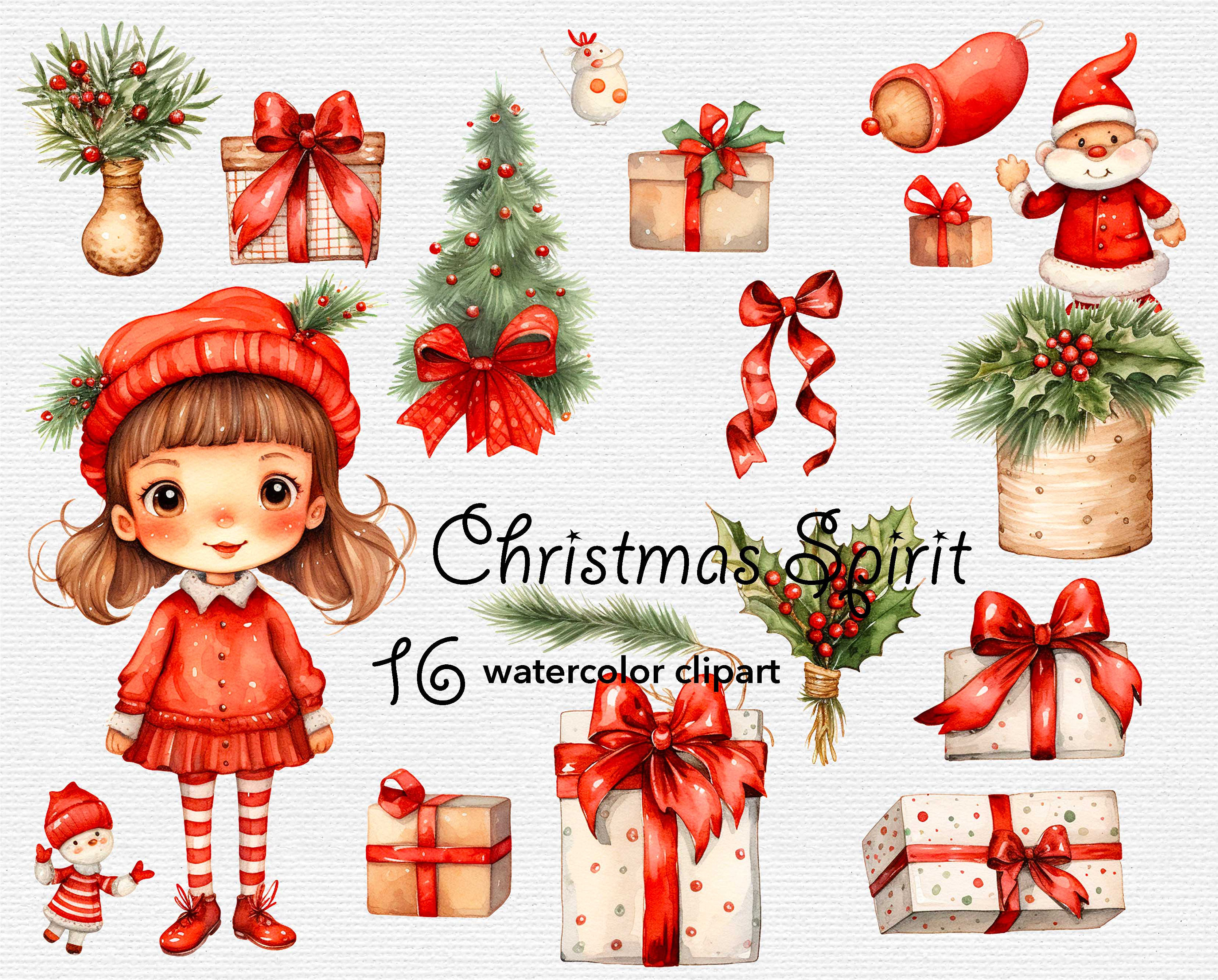 Christmas Clipart, Holiday Spirit Clipart, Elf, Gifts, Bow, Tree ...