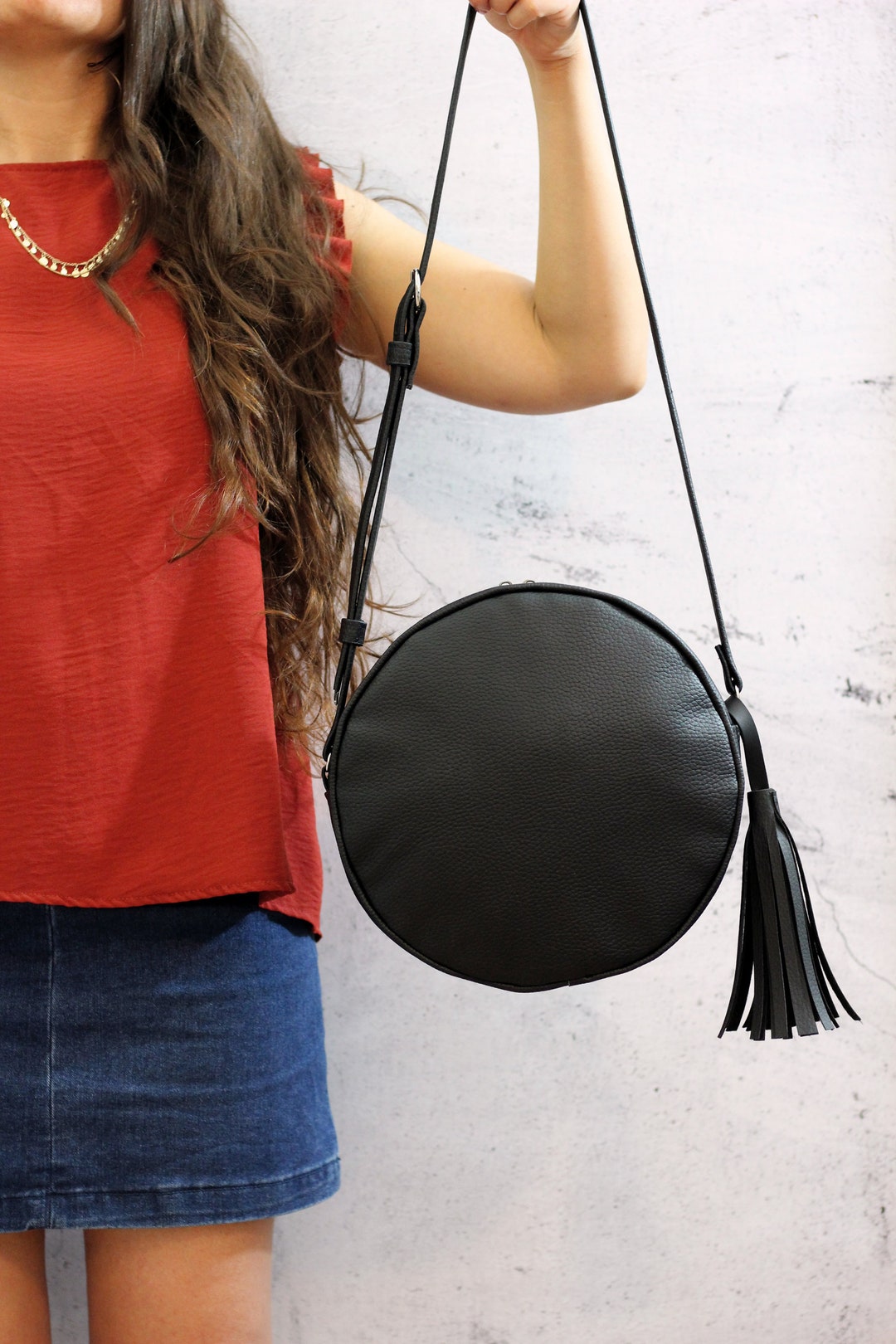 Black Round Bag. Vegan Circle Crossbody Bag. Black Boho Bag. Round ...