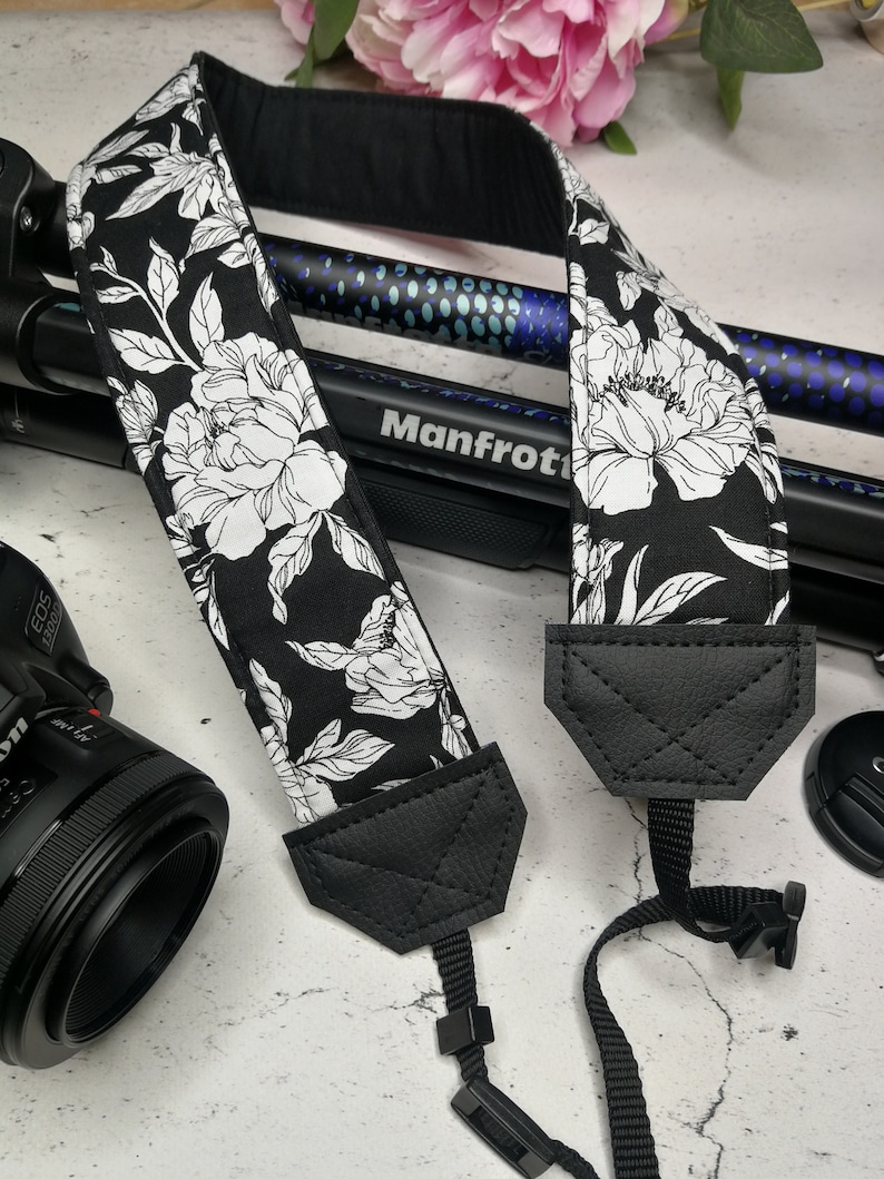 Black and White Floral Peonies Camera Strap. Padded Reflex Camera Strap ...