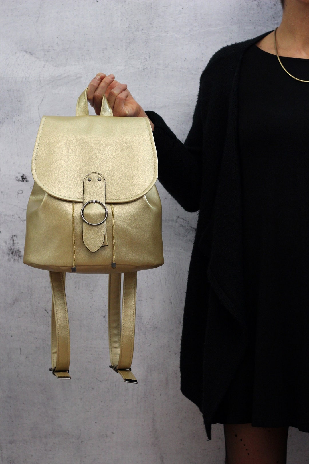 Gold Backpack With Round Closure. Vegan Bucket Backpack. - Etsy
