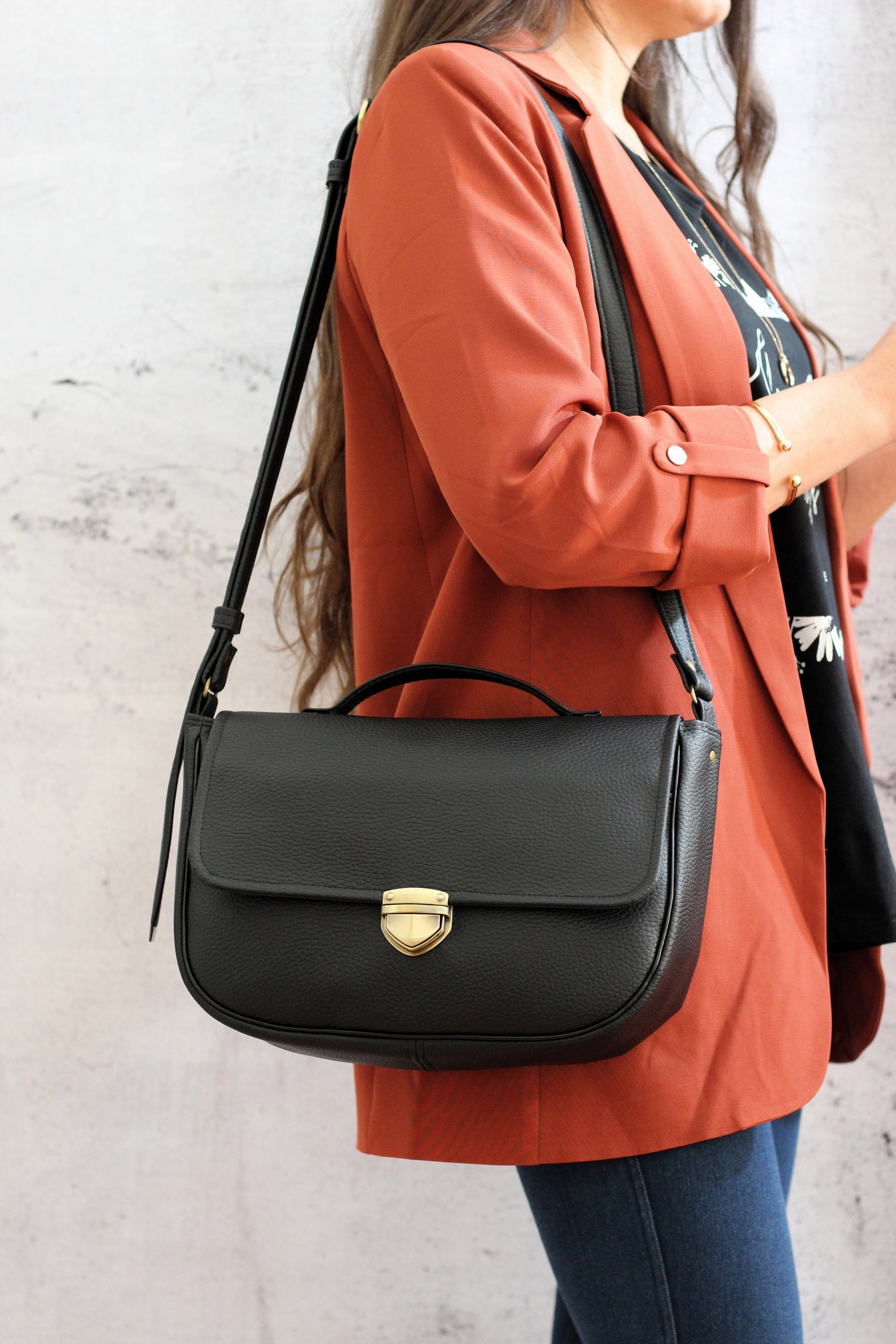 Black Satchel Bag With Bronze Snap Button. Crossbody Vegan | Etsy