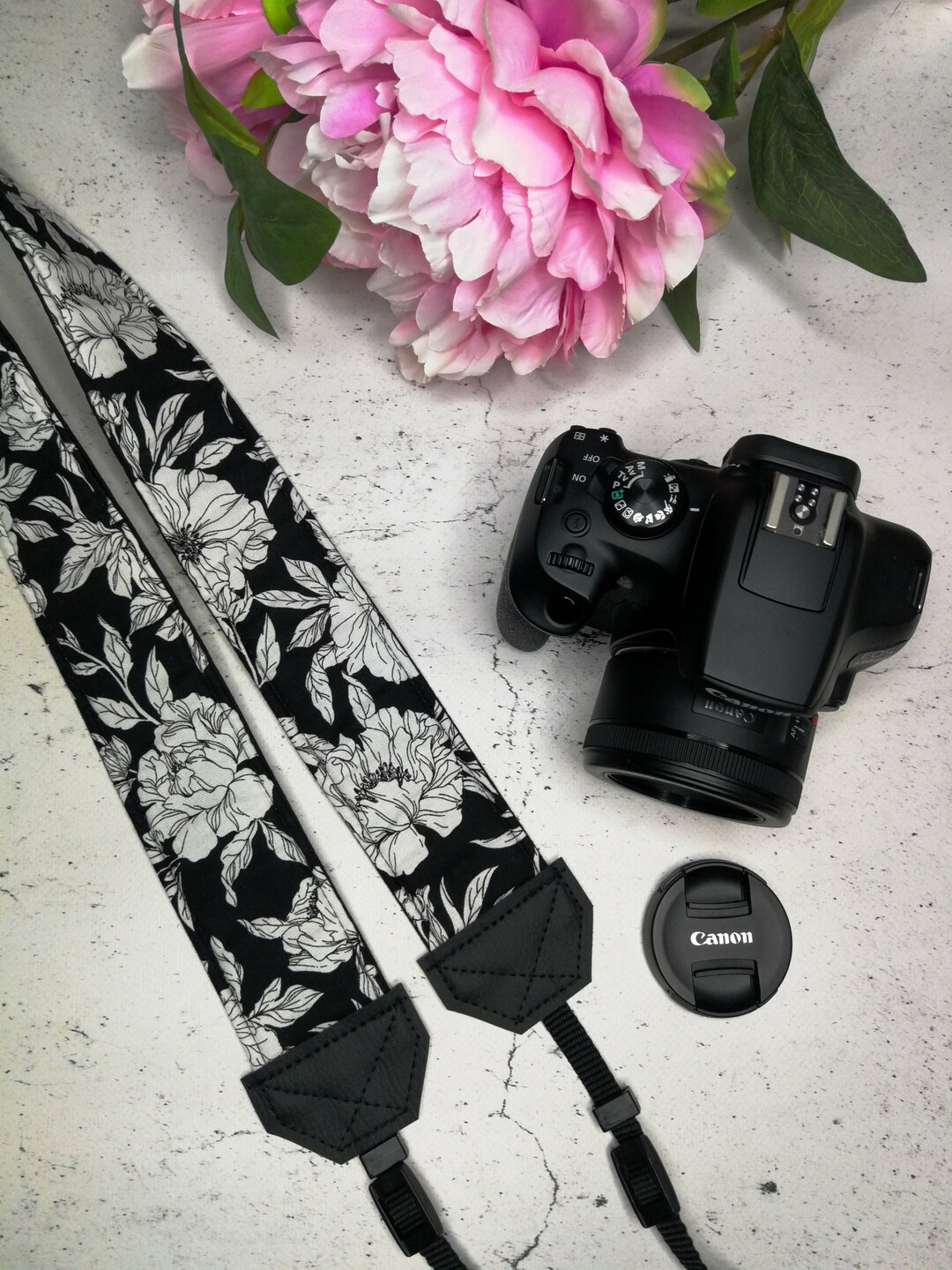 Black and White Floral Peonies Camera Strap. Padded Reflex Camera Strap ...
