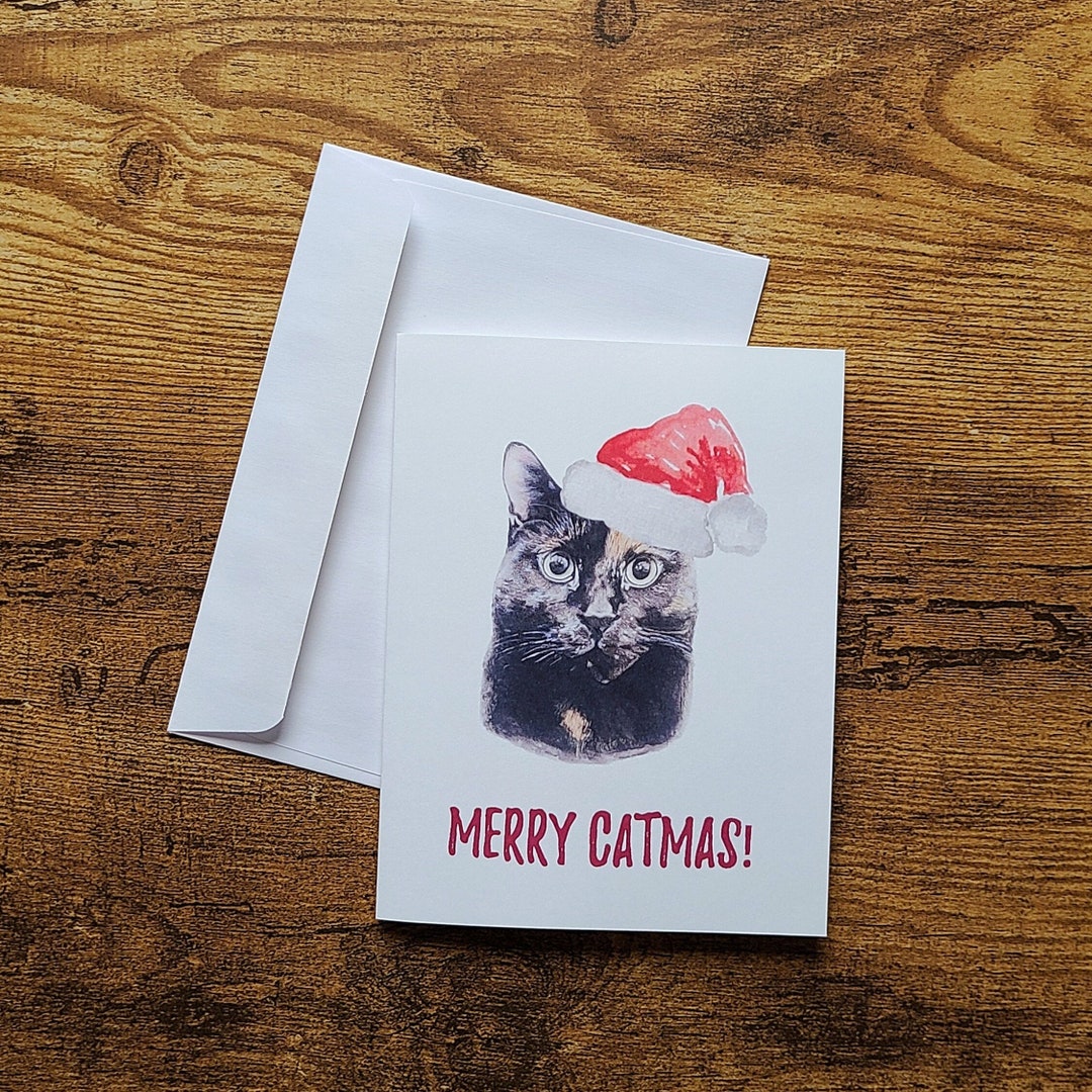 Merry Catmas, Calico Cat Themed Christmas Card, Cute Christmas Cat Card ...