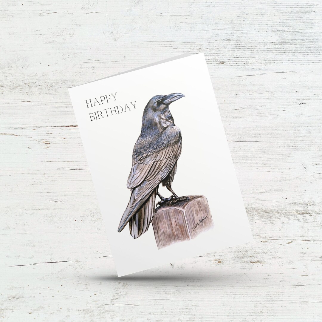 Happy Birthday Raven Card, Gothic Crow Woodland Animal Greeting Card ...