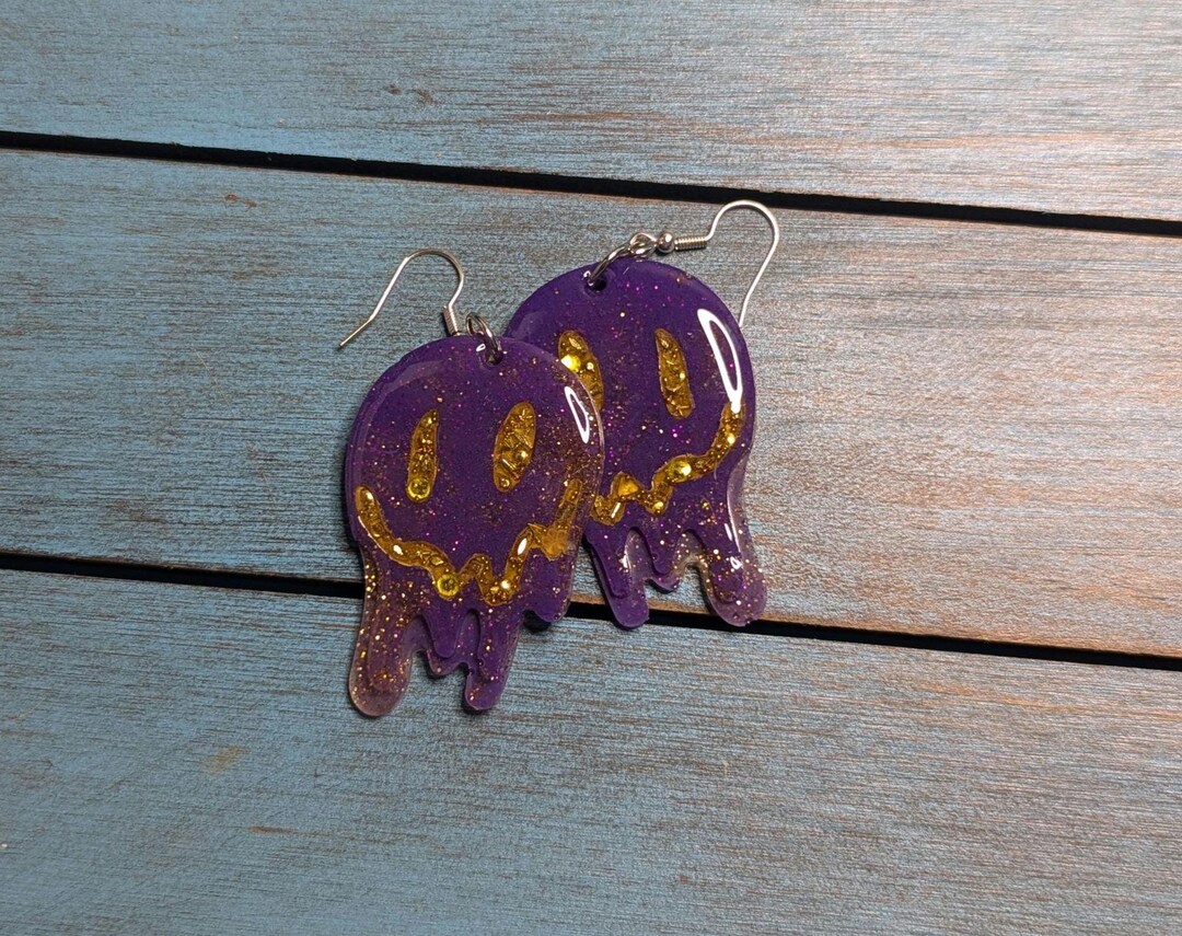 Drippy Purple and Gold Smiley Face Resin Earrings - Etsy