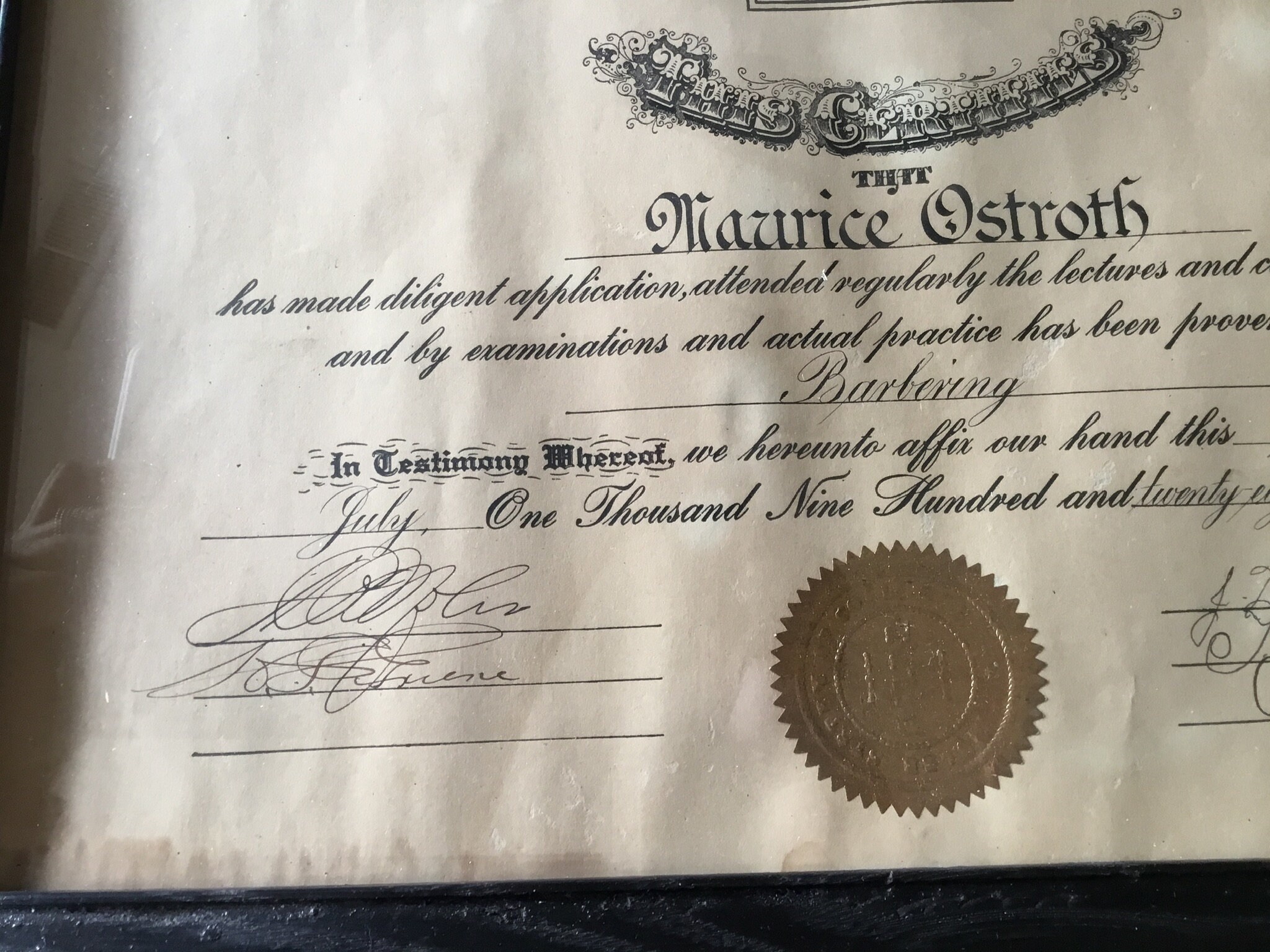 20s Antique Large Framed Testimonial of Merit Moler Barber College ...