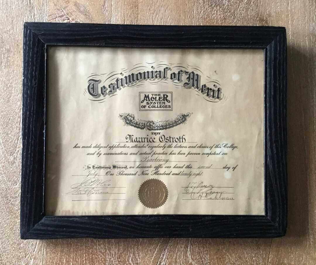 20s Antique Large Framed Testimonial of Merit Moler Barber College ...