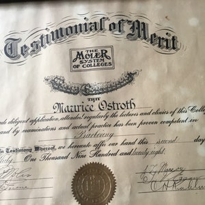 20s Antique Large Framed Testimonial of Merit Moler Barber College ...