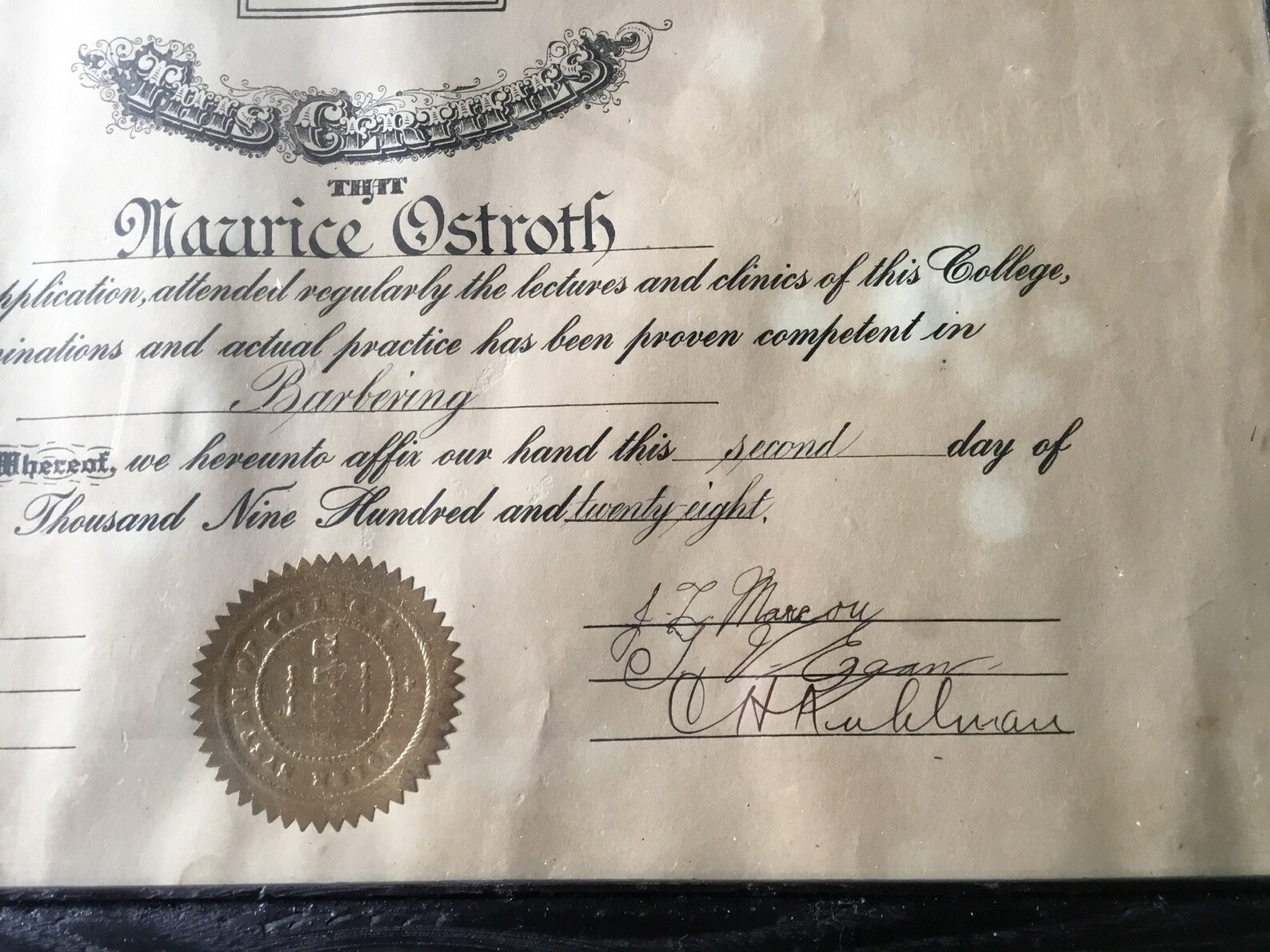 20s Antique Large Framed Testimonial of Merit Moler Barber College ...