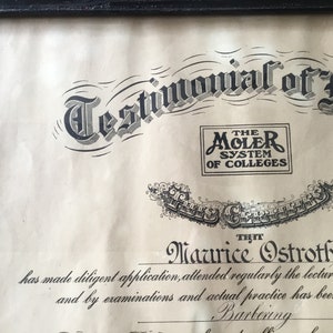 20s Antique Large Framed Testimonial of Merit Moler Barber College ...