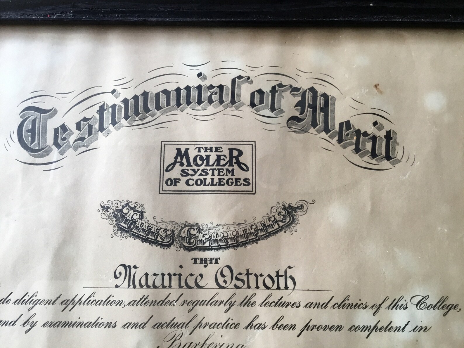 20s Antique Large Framed Testimonial of Merit Moler Barber College ...