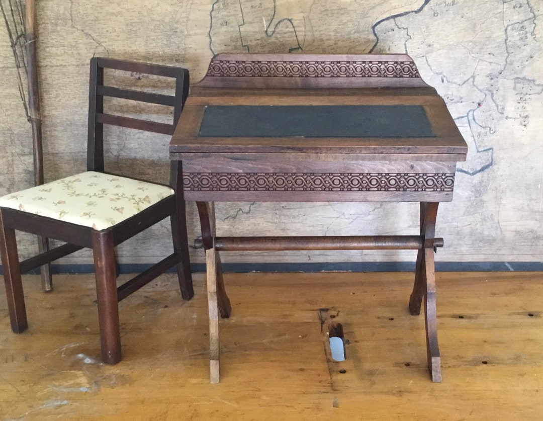Early Antique Wooden Flip Top Child’s Desk and Chair / Chalkboard ...