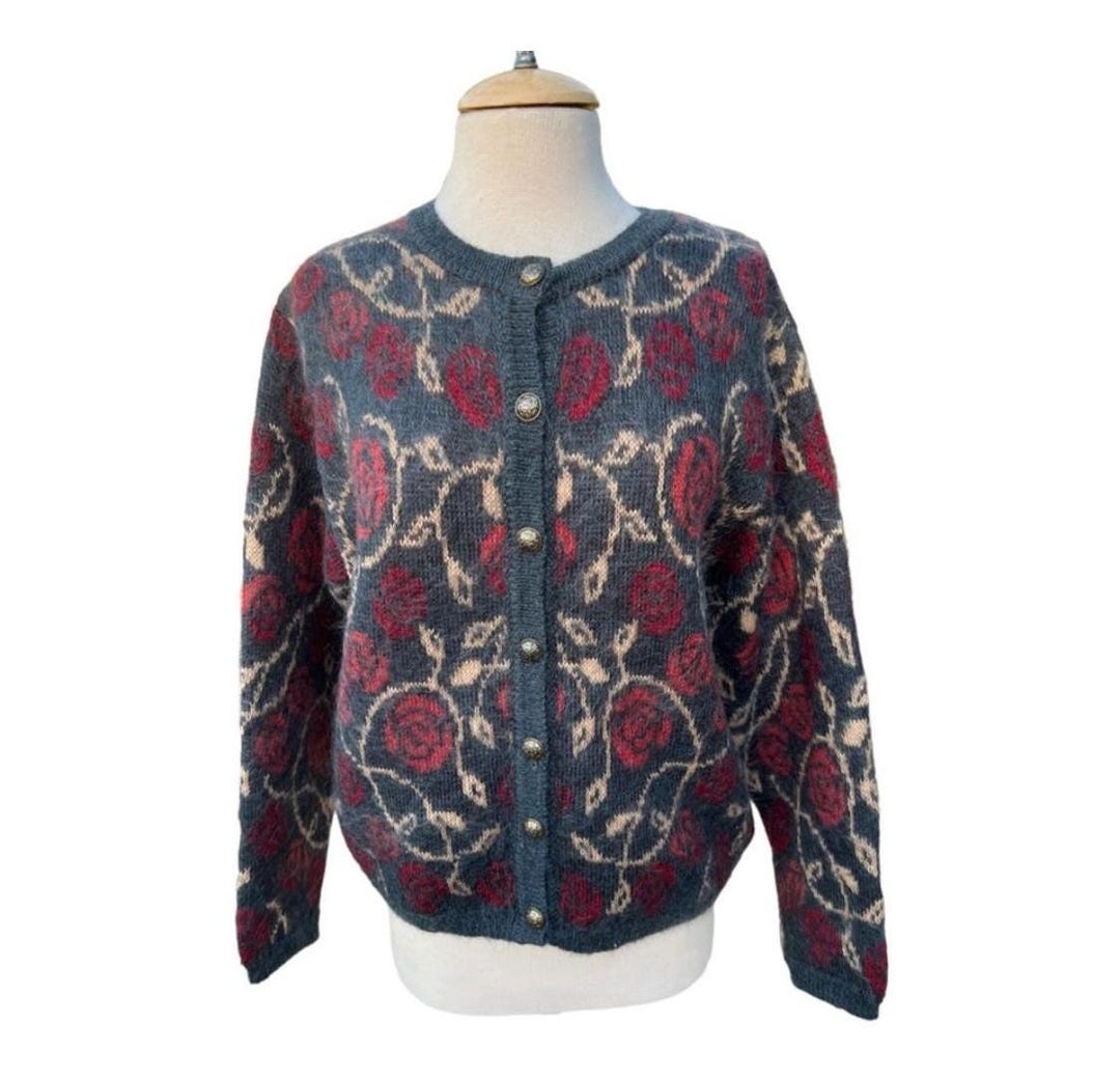 Vintage EWM Pure Classics Red Floral Roses Mohair Blend Button Cardigan ...