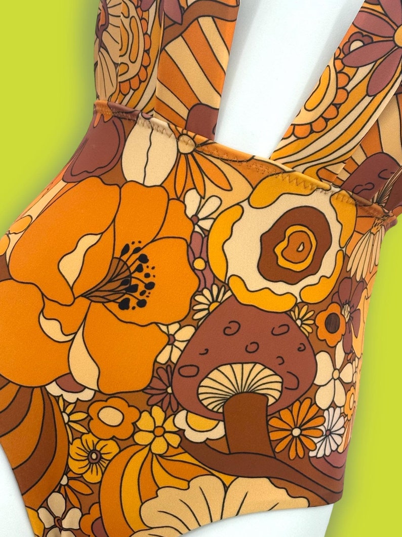 Iconic 70's Inspired Ladies Bathing Suit, Orange Brown Floral Mushroom ...