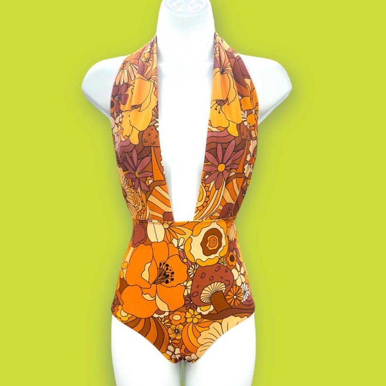 Iconic 70's Inspired Ladies Bathing Suit, Orange Brown Floral Mushroom ...