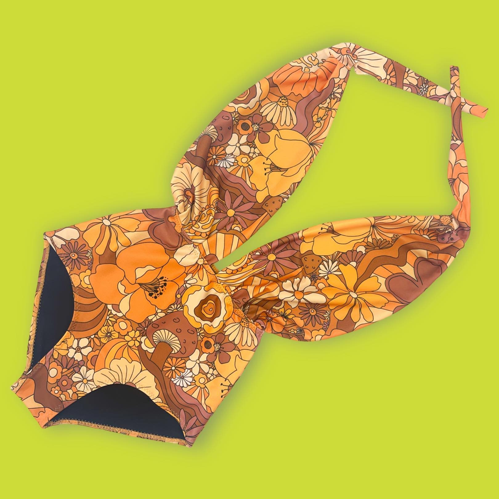 Iconic 70's Inspired Ladies Bathing Suit, Orange Brown Floral Mushroom ...