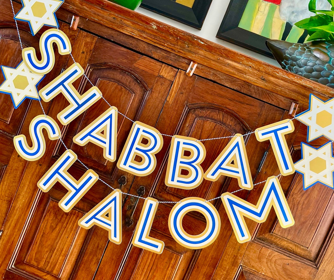 Shabbat Shalom Garland, in Gold and Blue Lettering-jewish Wall and ...