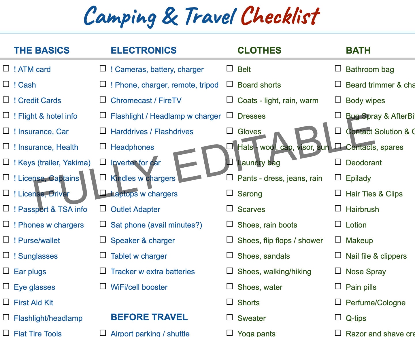 Excel Rv Packing List