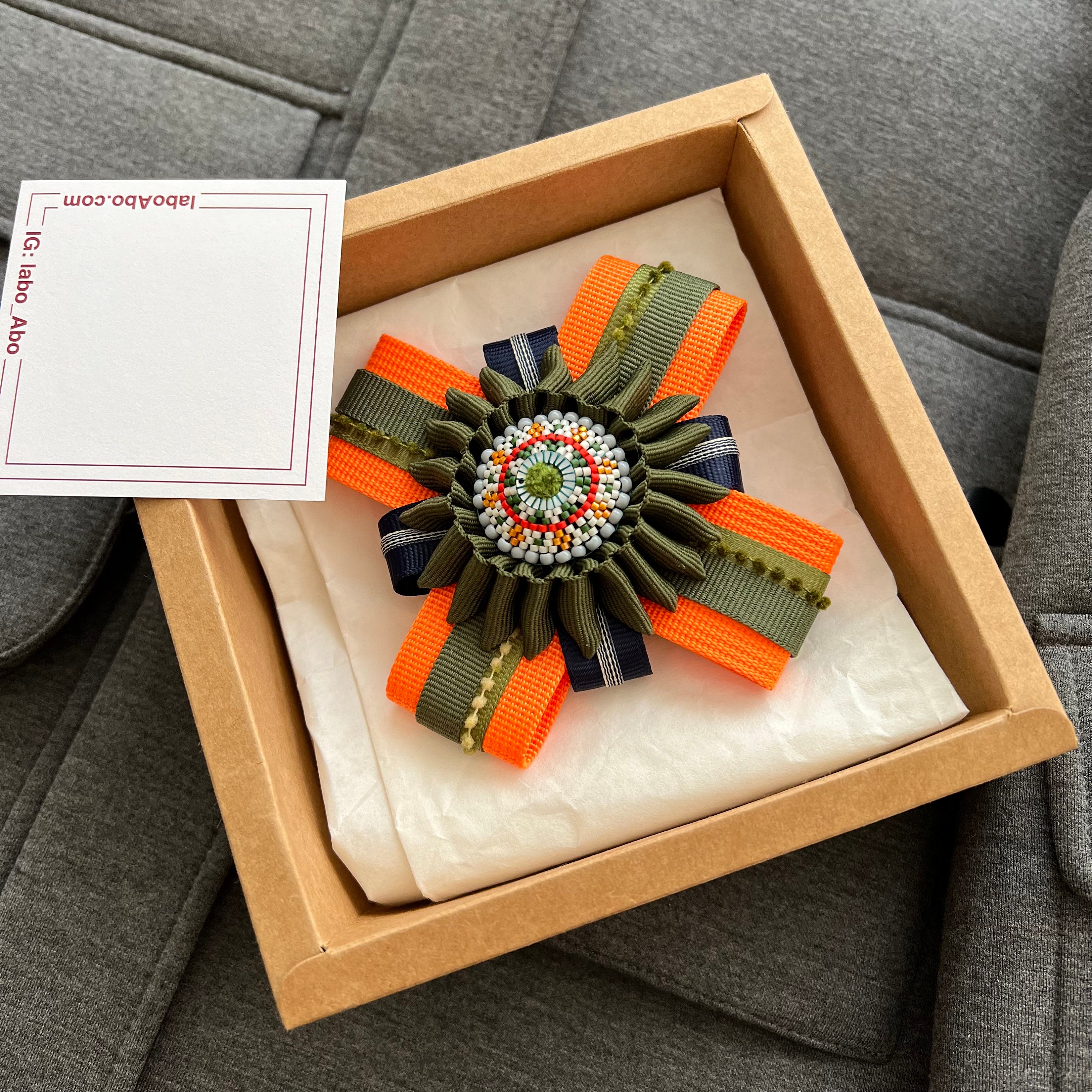 Ribbon Brooch: Neon Orange, Olive Green, Navy, Beaded Rosette - Etsy