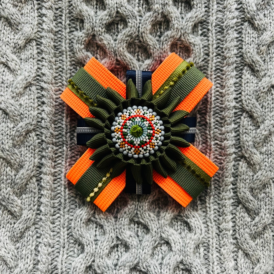 Ribbon Brooch: Neon Orange, Olive Green, Navy, Beaded Rosette - Etsy