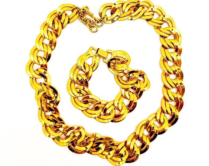 Signed Monet Thick Heavy Gold Tone Double Link Chain Necklace and ...