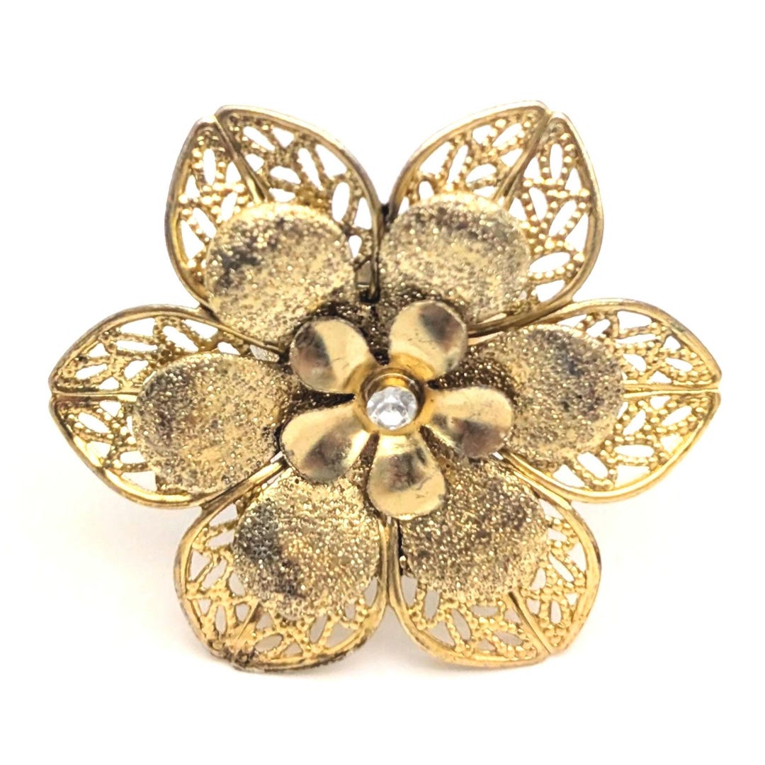 Vintage Gold Plated Filigree Floral Ring, Large Gold Flower Statement Ring, 70s Costume Jewelry ...