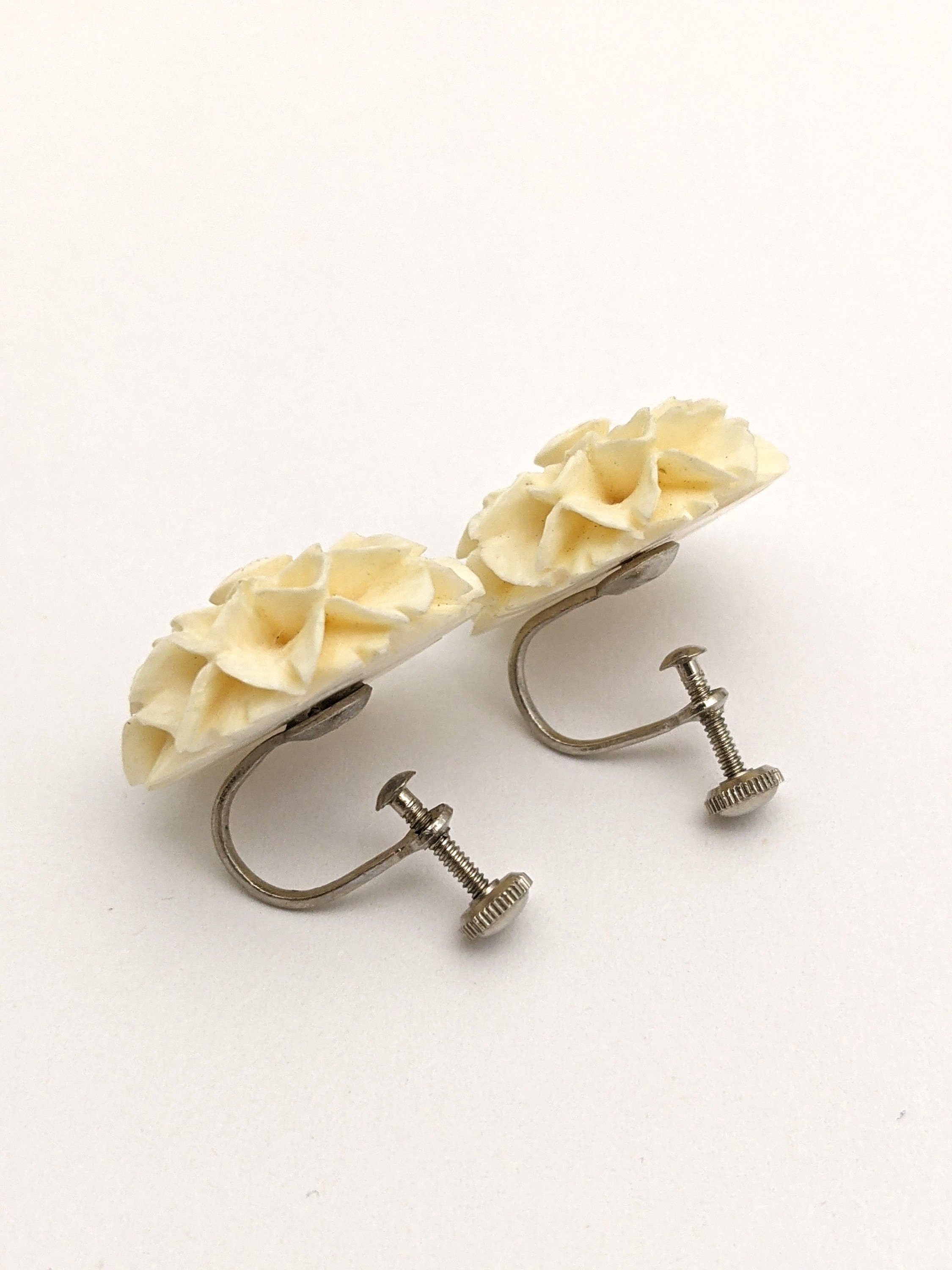 Vintage Carved Celluloid White Rose Screw Back Earrings, Vintage Carved ...