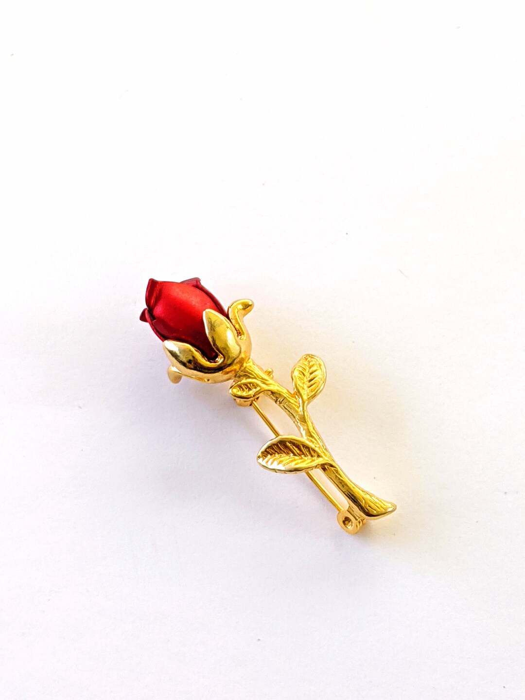 Vintage Gold Tone Rose Stem Brooch, Single Red Rose Jacket Pin, Vintage ...