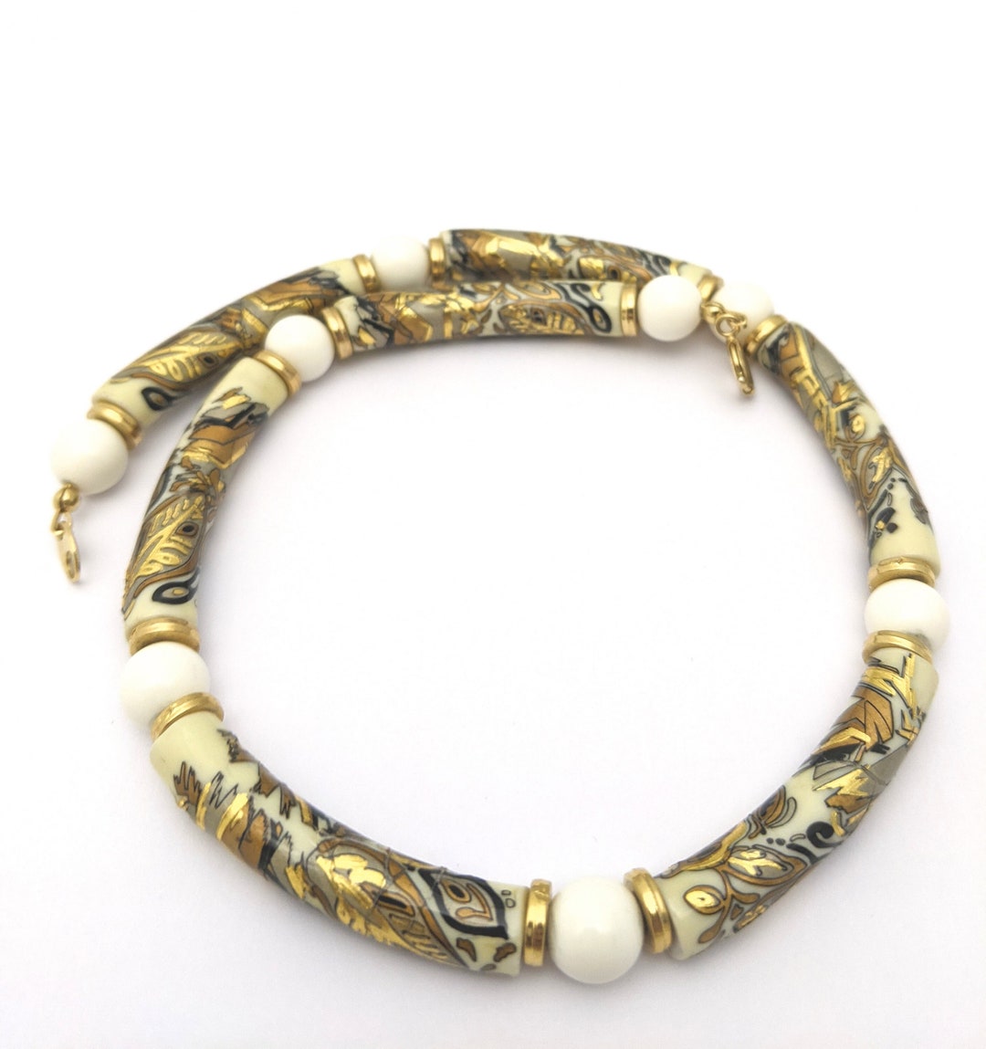 Vintage Japan Short White Bead Necklace, Gold Metallic Beaded Necklace ...